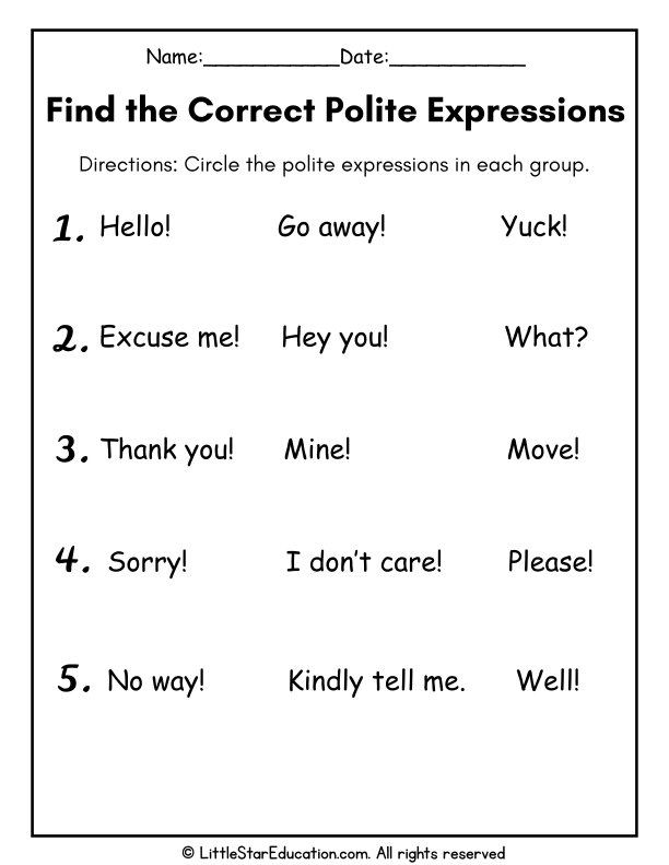 Polite Expressions Worksheets For Kindergarten